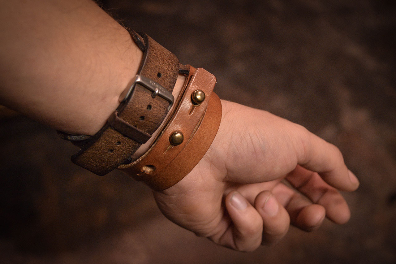 Double Wrap Leather Craft Cuff, handmade USA quality button stud ...